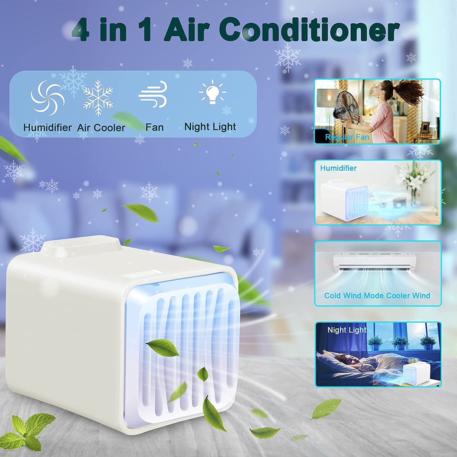 BEKTUTO Portable AC Air Conditioner, Mini Cooling Fan with 2 Ice Packs USB & LED, Adjustable Speeds LED Night Light Personal Air Cooler for Room Office Bedroom Outdoor