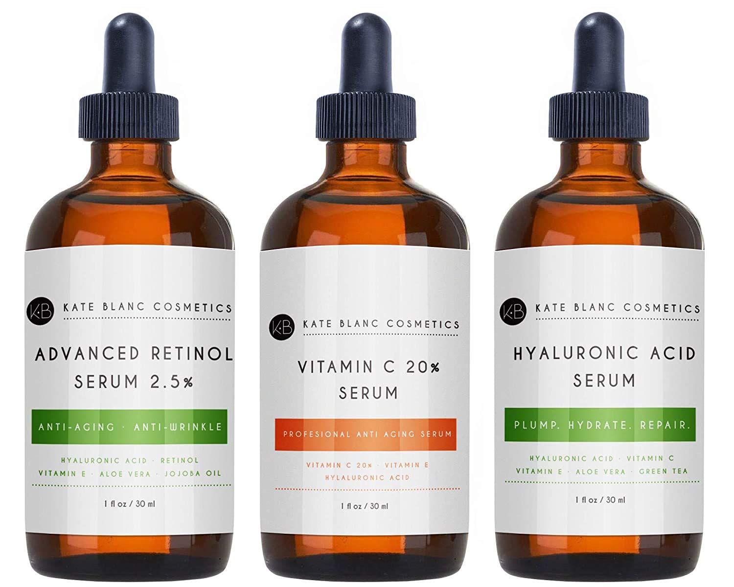 Kate Blanc Cosmetics Anti Aging Serum Set for Women & Men - 98% Natural, 72% Organic. Vitamin C Serum, Hyaluronic Acid Serum, Retinol Serum for Face. Anti Wrinkle & Dark Spot Corrector