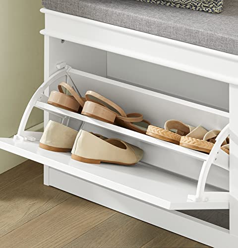 Haotian FSR64-W, White Storage Bench with Drawers & Padded Seat Cushion, Hallway Bench Shoe Cabinet Shoe Bench
