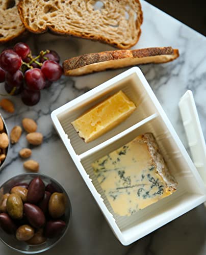 CapaBunga Cheese Vault with Divider - Reusable Artisan Cheese Storage Container for Fridge - Food Grade Silicone Cheese Container 6x4x3.5β - Cheese Keeper for Refrigerator - White Cheese Holder