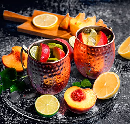 ARTISANS VILLAGE Moscow Mule Mugs | Set of 4 | Stainless Steel Lining | Pure Copper Plating | 100% Handcrafted Hammered Cups | Size 16 oz | With Premium Straws and Shot Glass