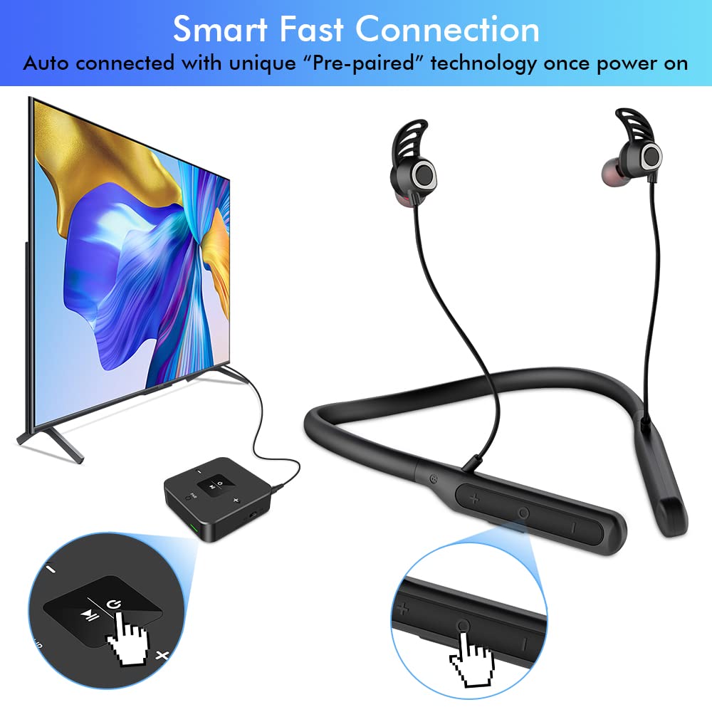 Golvery Bluetooth Headphones Transmitter for TV Watching, Neckband Wireless Stereo Earphones Earbuds Set w/Transmitter Adapter for Optical Digital RCA 3.5mm Aux TVs, Plug n Play No Audio Delay