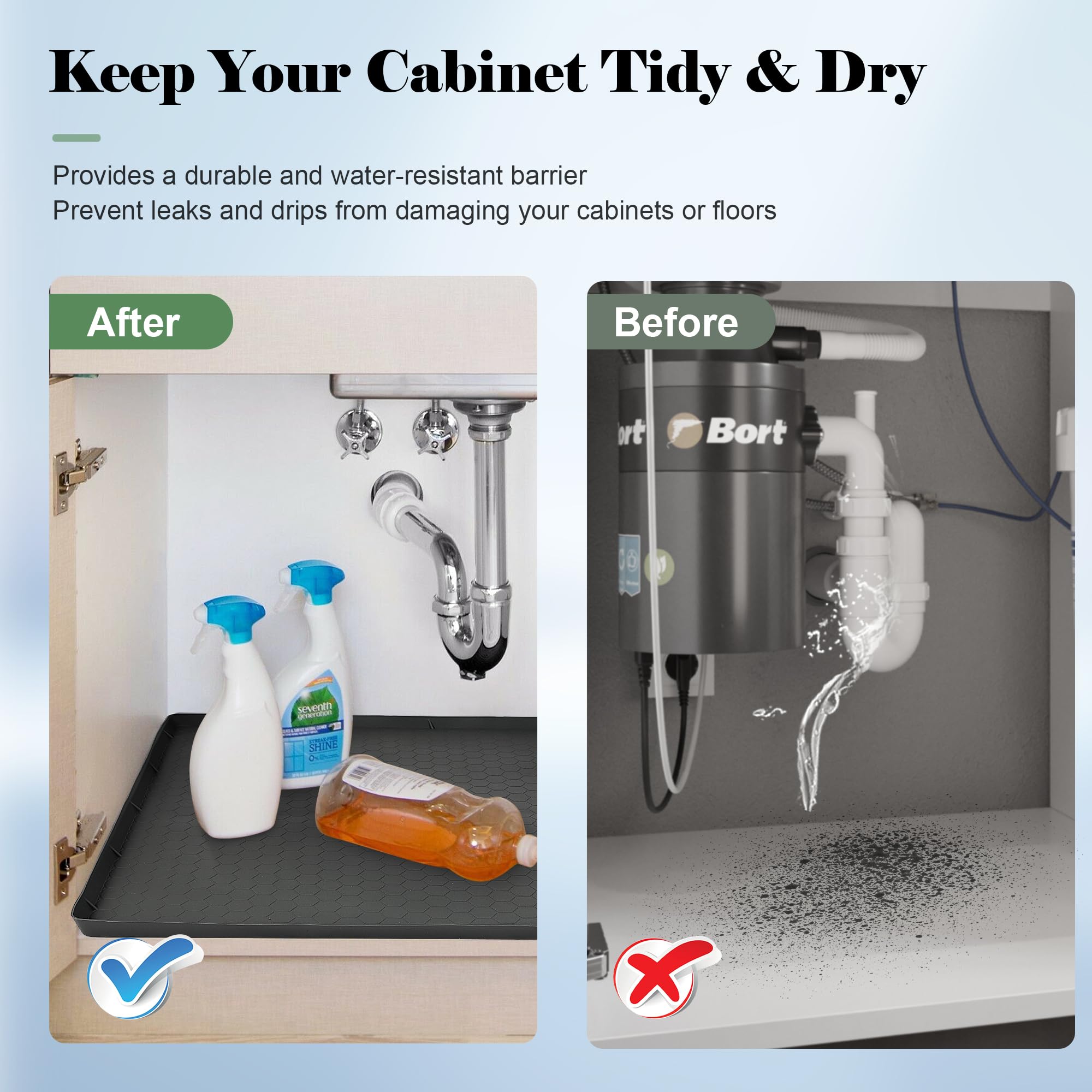 25β x 19β Waterproof Under Sink Mat for Bathroom/Kitchen - Silicone Cabinet Liner Shelf Protector Organizer,Leaks Flexible Drip Tray- Holds 3.5 Gallons - Dark Gray