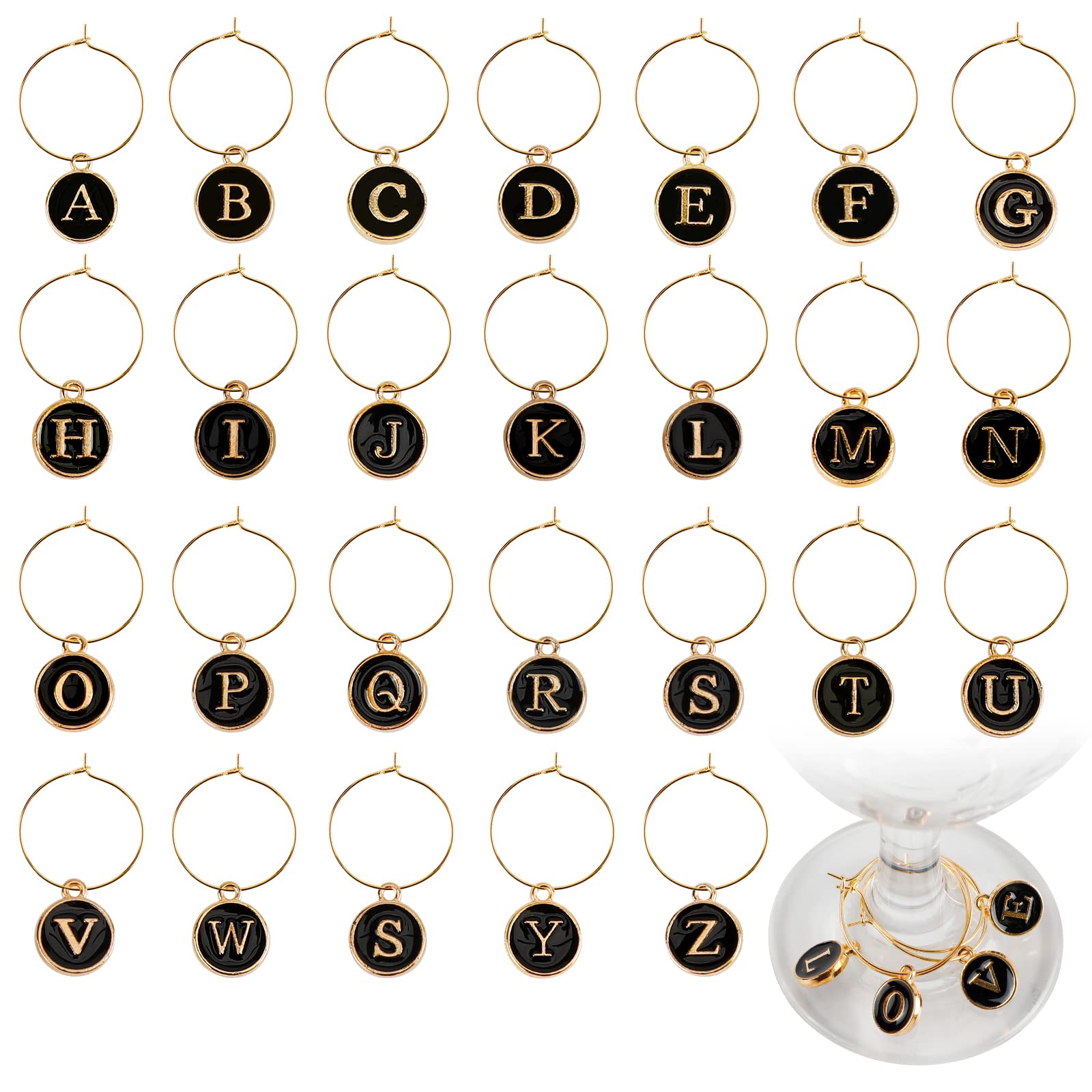 26 Pieces Wine Charms Wine Glass Charms with Rings Tags Wine Glass Letters Markers Wine Charms for Stem Glasses Party Favors Decorations