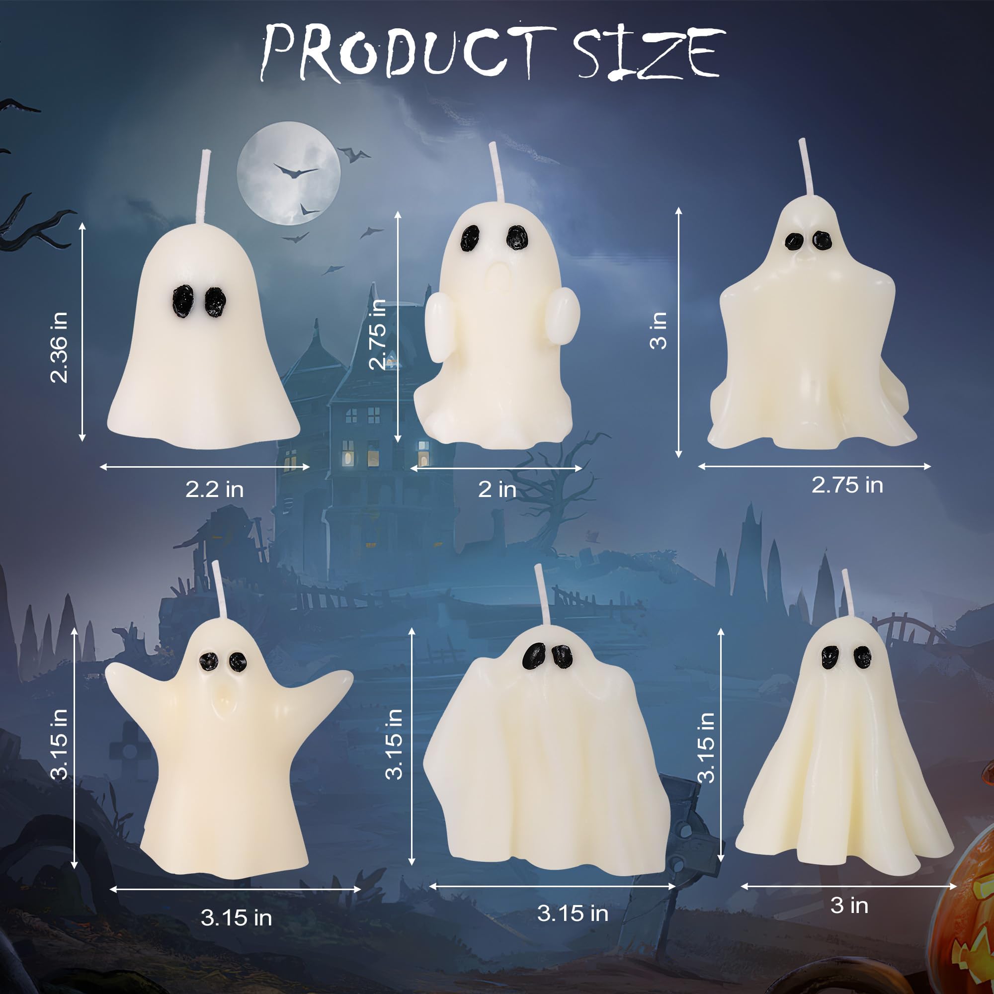 6 Pcs Halloween Ghost Candles Cute Ghosts Shaped Scented Candle Spooky Decoration White Soy Wax for Hallo ween Table Party Favor, Indoor Decor Gifts