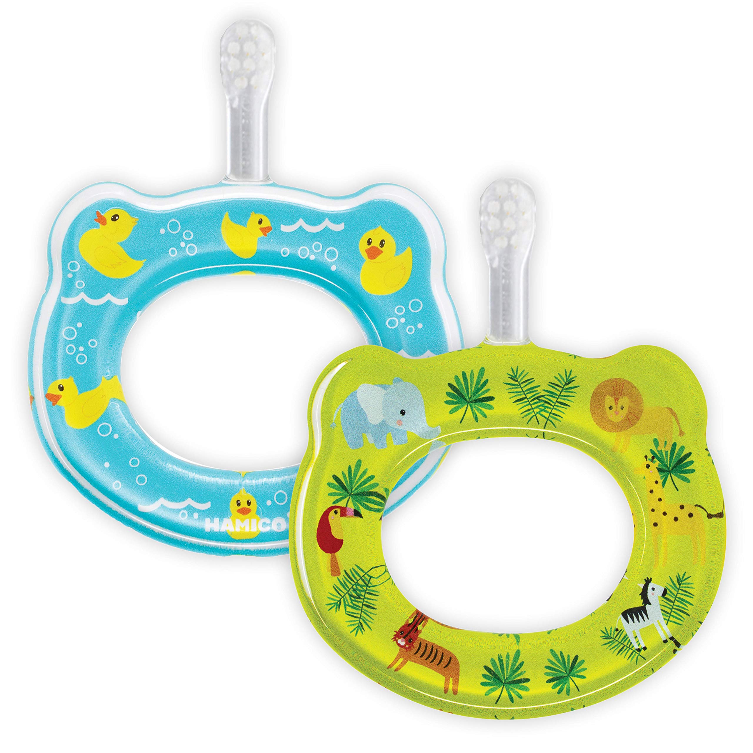 HAMICO Baby Toothbrush Gentle, Extra- Soft Bristles for Baby’s First Toothbrush | Easy Grasp-No Overreach Infant Toothbrush | BPA Free | 2-Pack: Rubber Ducks & Jungle Animals
