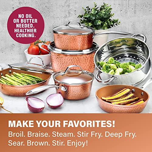 Gotham Steel Pots and Pans Set – Premium Ceramic Cookware with Triple Coated Ultra Nonstick Surface for Even Heating, Oven, Stovetop & Dishwasher Safe, 10 Piece, Hammered Copper