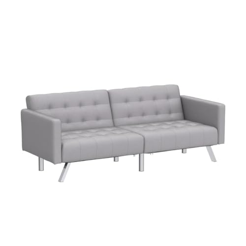 75"Convertible Folding Futon Sofa Bed,Split Back Design,Modern Fabric Sleeper Couch Bed with Armrest and Chrome Legs,Upholstered Recliner Loveseat for Living Room Apartment Dorms Office (Light Grey)