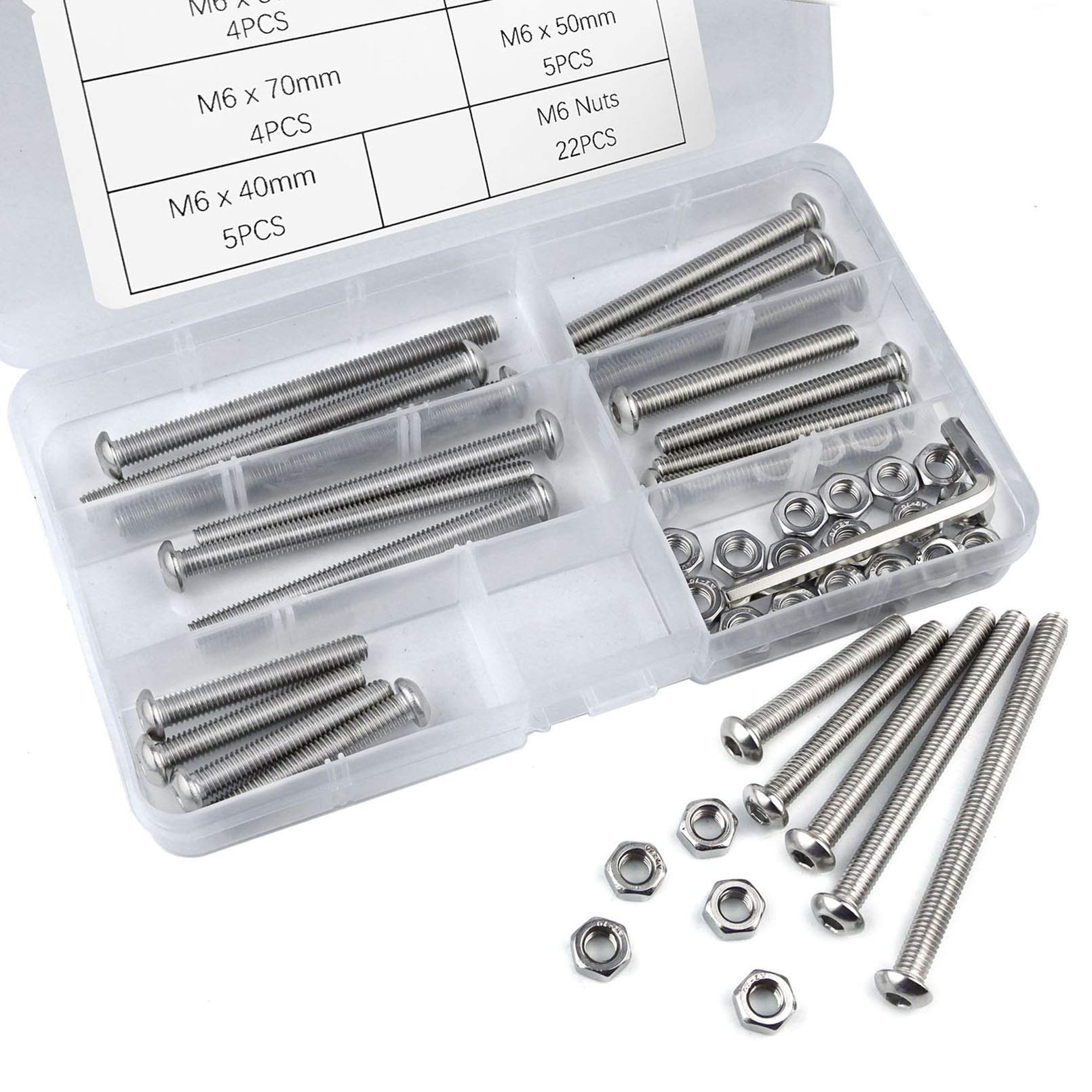 Hamineler 304 Stainless Steel M6 x 80/70/60/50/40mm Metric Hex Socket Button Head Cap Bolts Screws Assortment Set with Nuts Allen Socket Drive