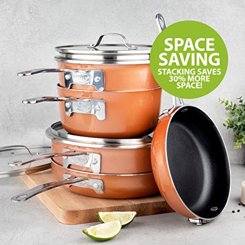 Gotham Steel Stackmaster Pots & Pans Set β Stackable 10 Piece Cookware Set Saves 30% Space, Ultra Nonstick Cast Texture Coating, Includes Fry Pans,, Saucepans, Stock Pots and More β Dishwasher Safe