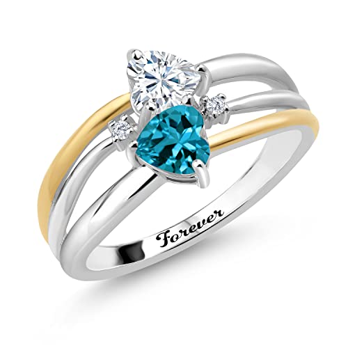 2-Tone 925 Sterling Silver and Solid 10K Yellow Gold Build Your Own Personalized 2-Stone Heart Shape Birthstones and White Lab Grown Diamond Women Ring (0.84 Cttw, Gemstone Birthstone) (Size 7)