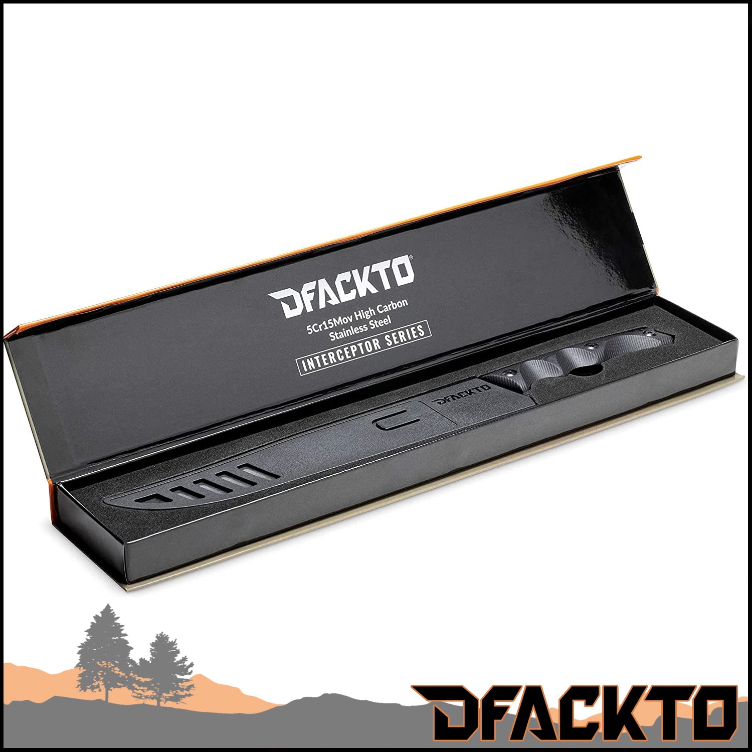 DFACKTO Interceptor 10 Inch Butcher Knife for Camping and Outdoor Kitchen, Stonewashed High Carbon Stainless Steel Black Knife, Full Tang Tactical G10 Handle, BBQ Utensil Cutlery