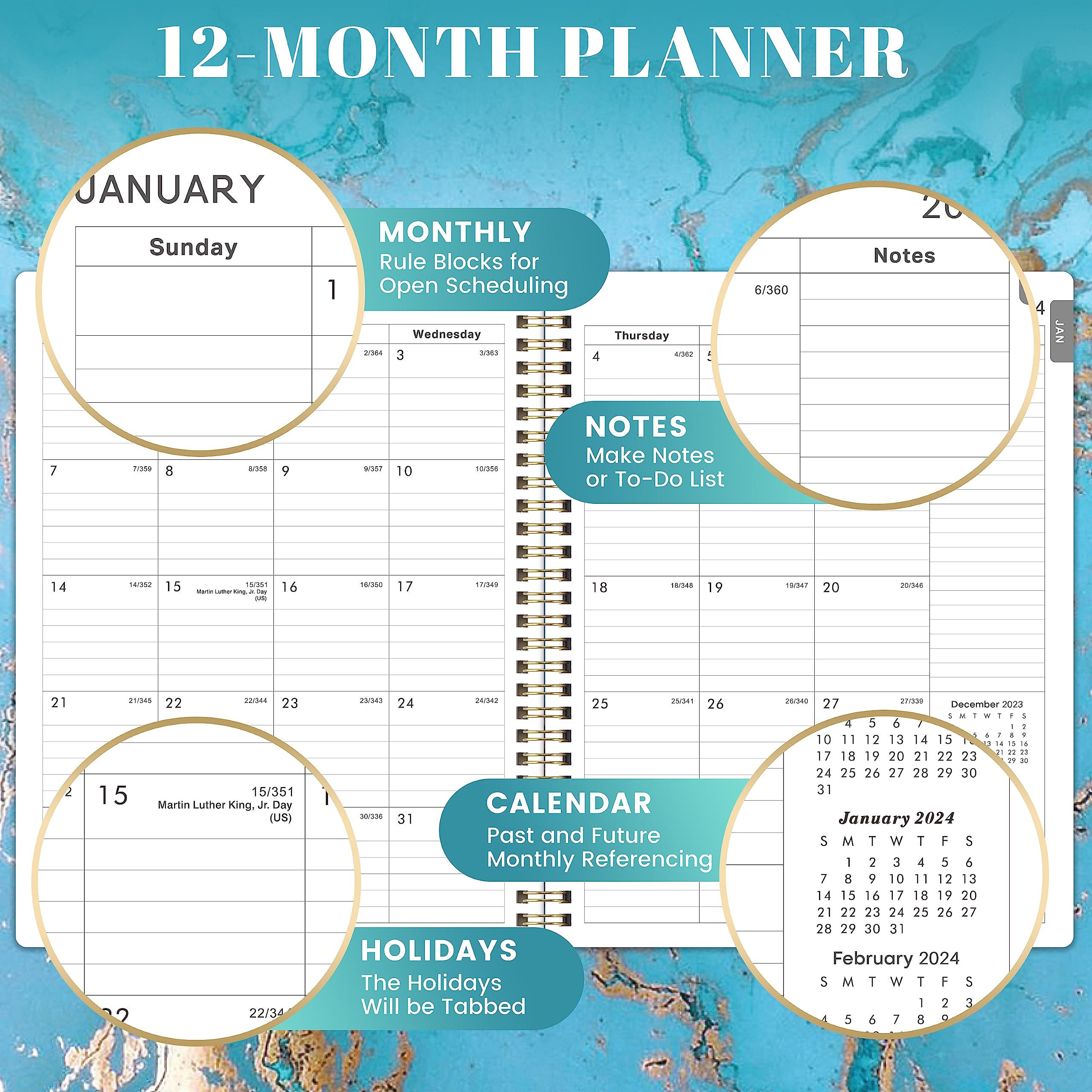 2024 Planner - Jan. 2024 - Dec. 2024, Planner 2024/Calendar 2024, 2024 Planner Weekly and Monthly with Printed Tabs, 8" x 10", Flexible Cover, Thick Paper, Perfect Daily Panner & Organizer - Blue Sand