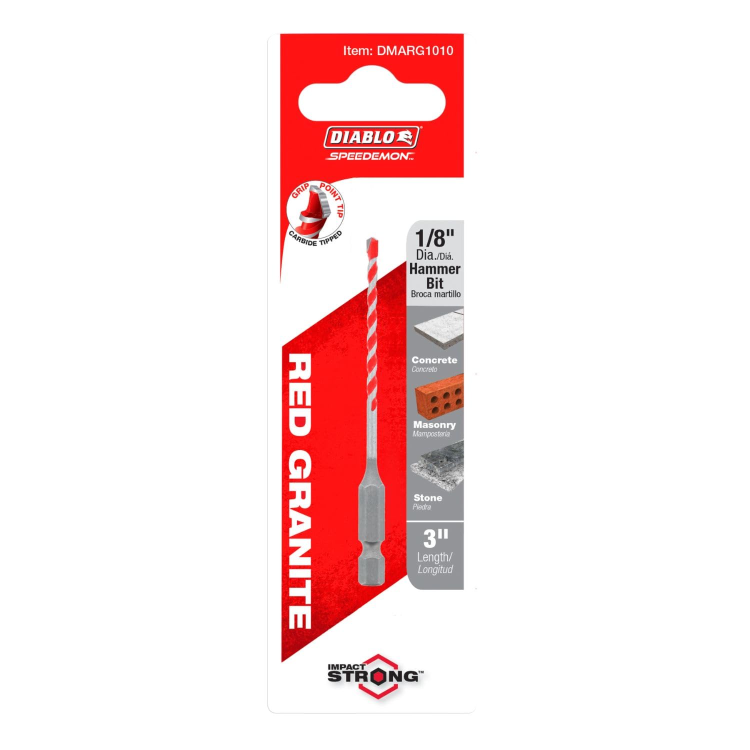 Diablo SPEEDemon Red Granite Carbide-Tipped Hammer Drill Bit for Concrete, Masonry and Stone - 1/8" Diameter, 3" Length, 2" Working Length - DMARG1010