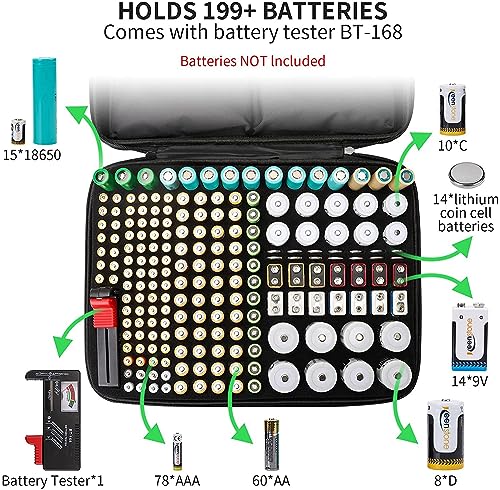 Keenstone Battery Organizer Storage Case, Fireproof Waterproof Explosionproof Battery Holder, Holds 199+ Batteries AA AAA C D 9V 18650, Battery Storage Box with Tester (Batteries Not Included)