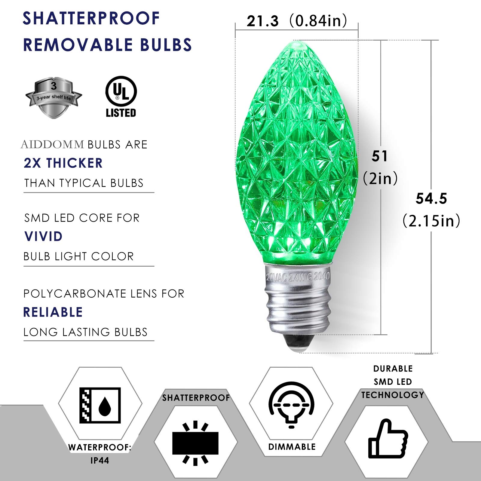 25 Pack C7 Red LED Replacement Christmas Light Faceted Bulbs, 0.72W, 2 SMD LEDs in Each Light Bulb for Christmas Village, Night Lights, E12 Base, Commercial Grade Replacement Bulbs Dimmable Waterproof
