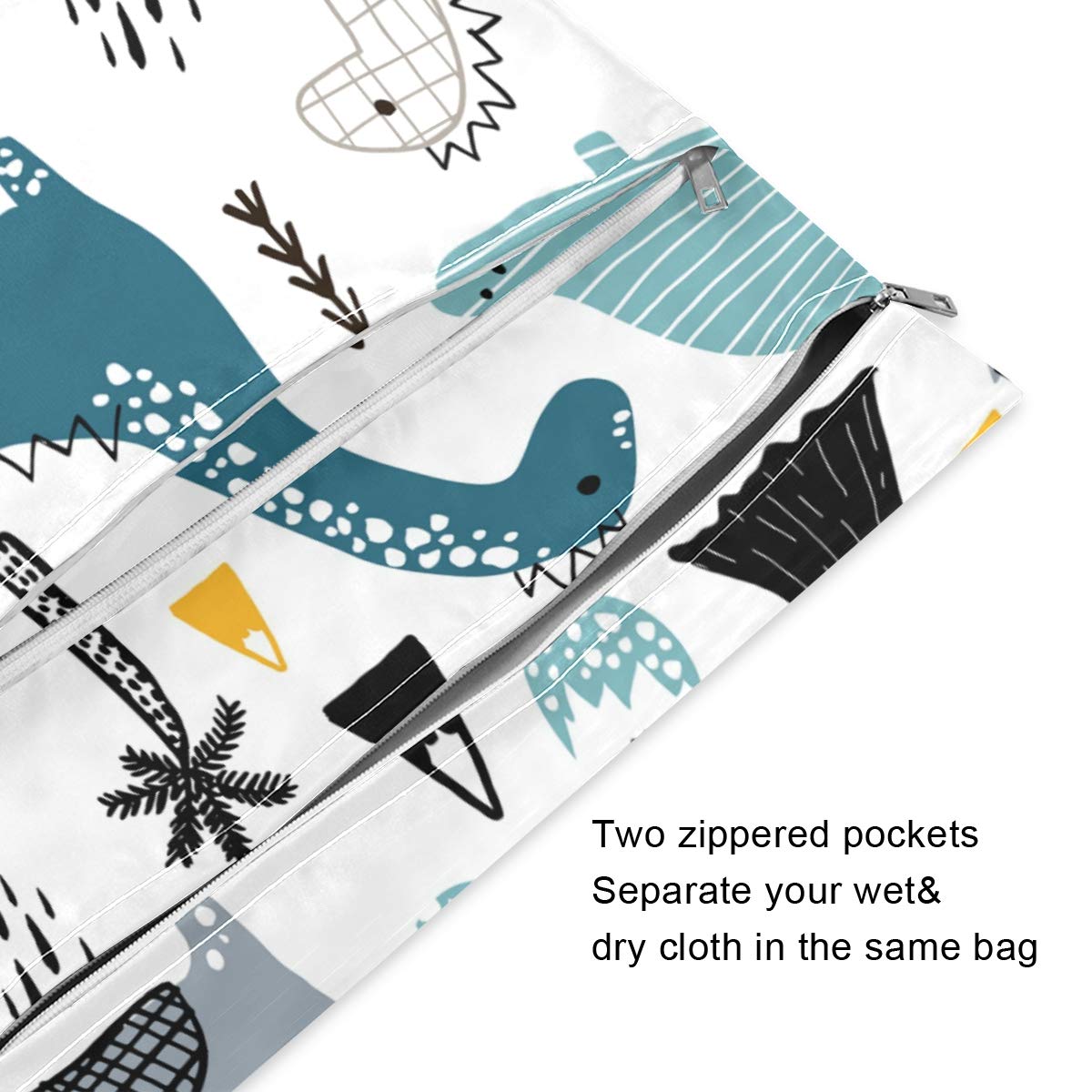 KEEPREAL 2Pcs Travel Wet and Dry Bag, Reusable Wet Bags Organizer with Two Zippered Pocket for Cloth Diaper, Swimsuit, Gym Clothes,Dino Scandinavian Style