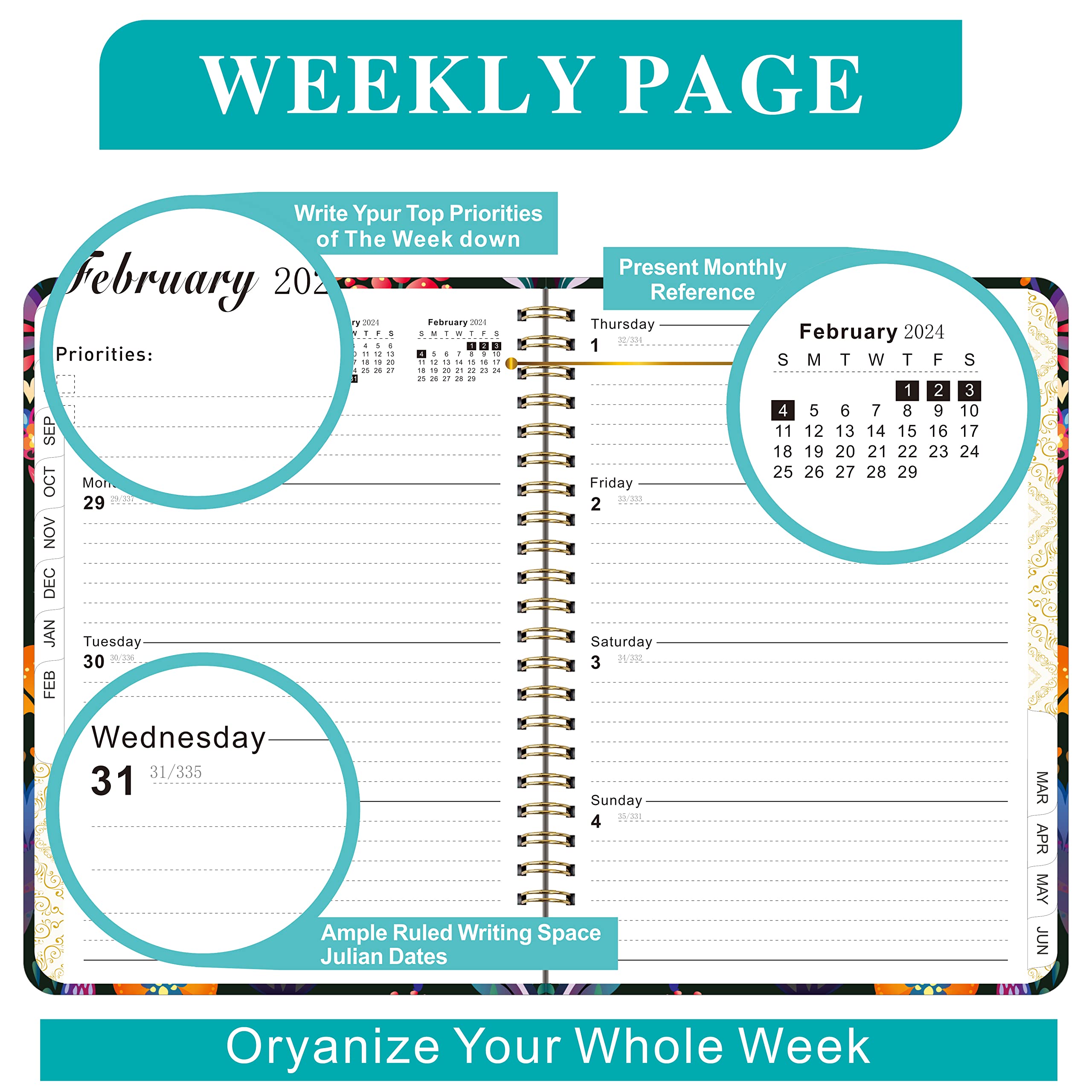 2023 Planner, Jul. 2023 – Jun. 2024, Academic Planner 2023-2024, 8.4" x 6.2" with Weekly & Monthly Spread, Spiral Planner Notebook, Elastic Closure, Inner Pocket, Coated Tabs, Floral