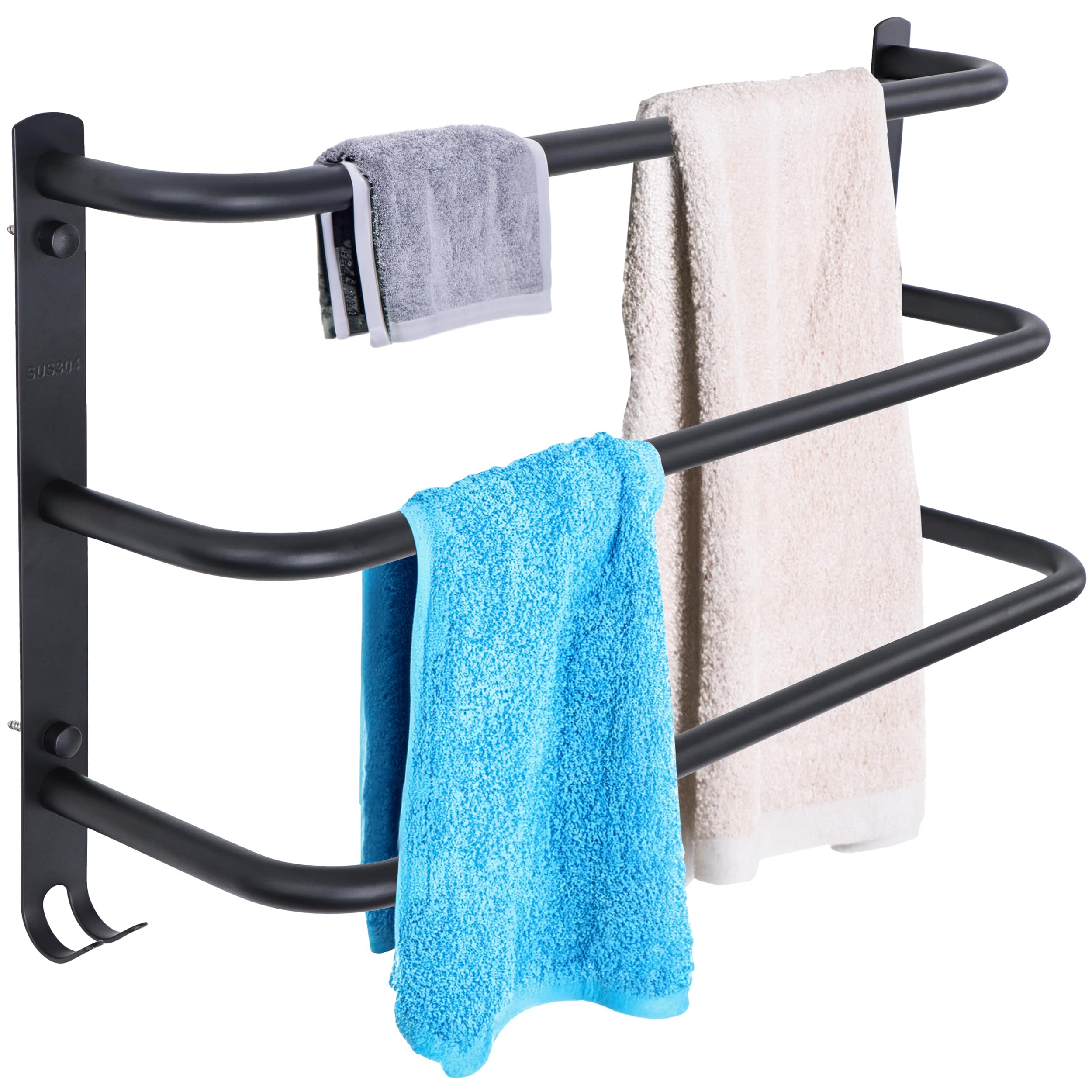 7Penn Bath Towel Bar - Stainless Steel Matte Black 3-Tiered Ladder Wall Mounted Bathroom Towel Rack with Hanging Hooks