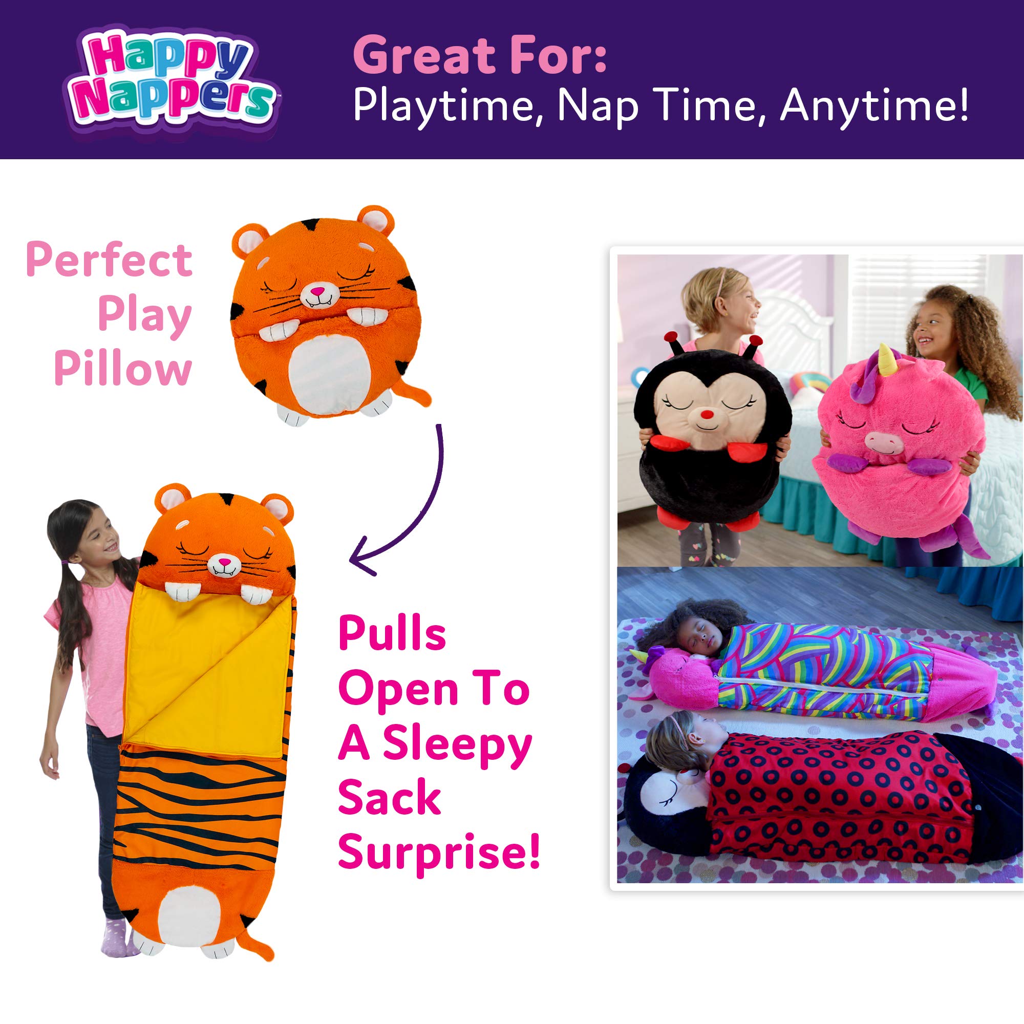 Happy Nappers Pillow & Sleepy Sack- Comfy, Cozy, Compact, Super Soft, Warm, All Season, Sleeping Bag with Pillow- Large 66β x 30β, Tiger