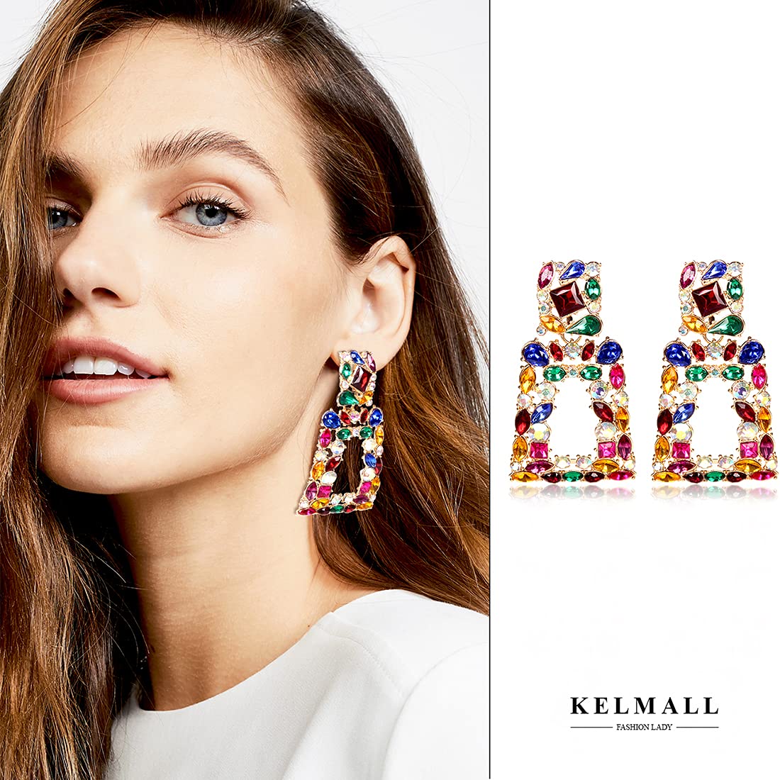 3 Pairs Rhinestone Rectangle Earrings, Crystal Geometric Statement Earrings for Women KELMALL COLLECTION