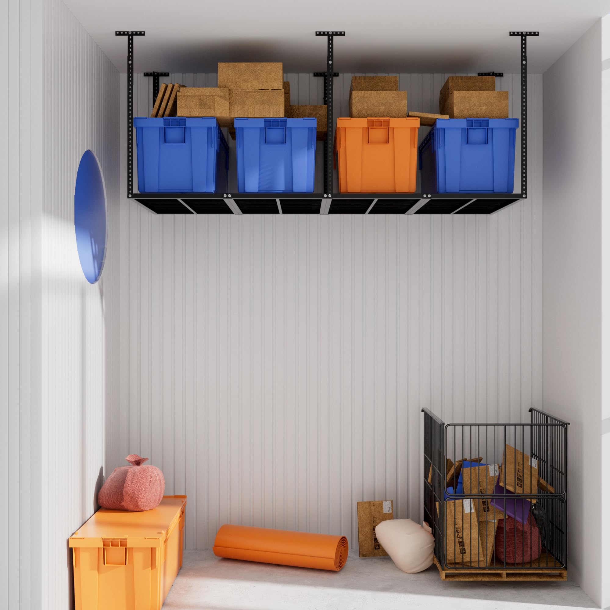 3x8 Overhead Garage Storage Rack - Heavy Duty Garage Ceiling Storage Racks - Adjustable Ceiling Mounted Garage Storage Organization System - Hanging Garage Shelving - 750LBS Weight Capacity - Black