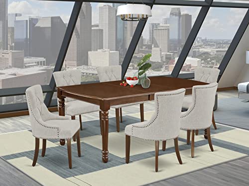 East West Furniture DOFR7-MAH-05 7Pc Dinette Set Includes a Rectangular Kitchen Table with Butterfly Leaf and Six Parson Chairs with Doeskin Fabric, Mahogany Finish