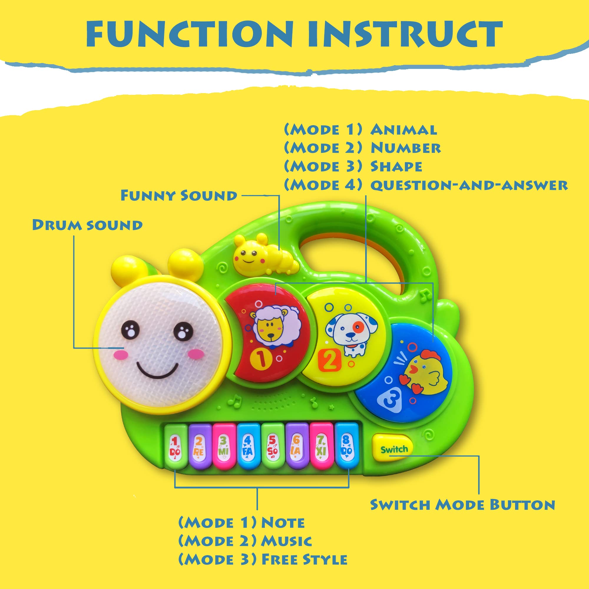 AMINFUN Baby Piano Drum 6-12 Months Toy, Caterpillar Piano Keyboard Drum Light Up Sound Musical Toy, Learning Educational Interactive Infant Toddler 12-24 Months Gift
