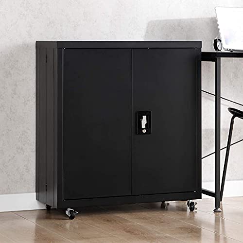 GREATMEET Metal Storage Cabinet with Locking Doors and 1 Adjustable Shelves,Gauge 24 Steel Storage Cabinet with Wheels for Home Office,Black(26.1" W x 13.78" D x 31.5" H)