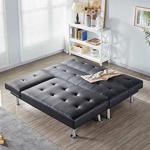 Topeakmart Sectional Sofa Couch Bed Convertible L-Shaped Faux Leather Couch Foldable Futon Sofa Sleeper with Reversible Chaise Lounge for Living Room Black