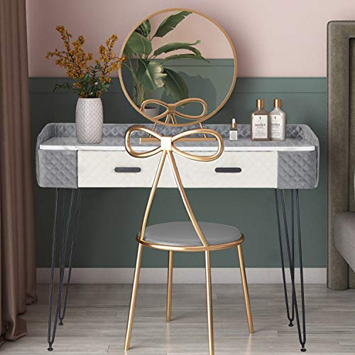 Joveco 40ββ Vanity Table with 2 Drawers- Modern Makeup Vanity Desk- Dressing Table Small Desks for Bedrooms- Home Office Computer Desk- White Marble Wood Veneer/Gold Metal Legs and Gray/White