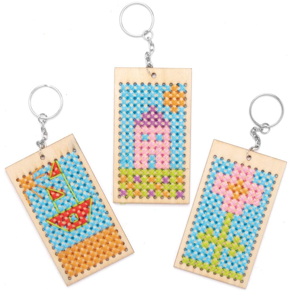 Baker Ross AT805 Wooden Keyring Cross Stitch Kits - Pack of 5, Arts and Crafts for Kids