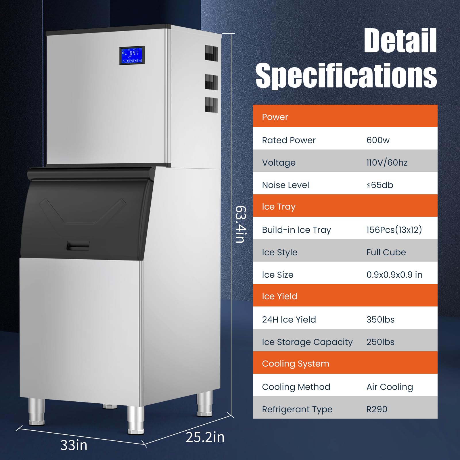 350Lbs/24H Commercial Ice Maker Machine, Pro Compressor&ETL Approval, Industrial Ice Machine, 250Lbs Storage Bin, 700W Auto Self-Cleaning, Stainless Steel Ice Maker for Bar/Cafe/Restaurant/Business