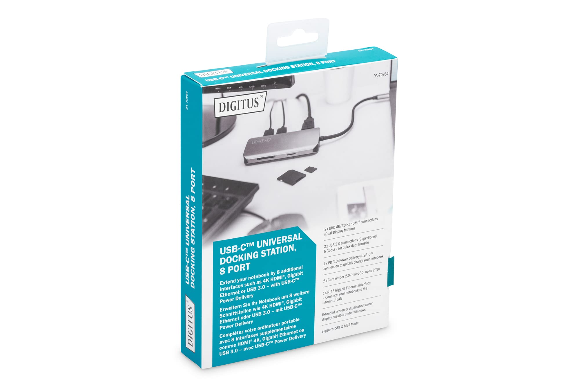 Digitus 8-Port USB-C Dock, 2xUSB3.0, 1xRJ45, 2xHDMI, 1xPD, 1xMicro SD, 1xSD, Grey