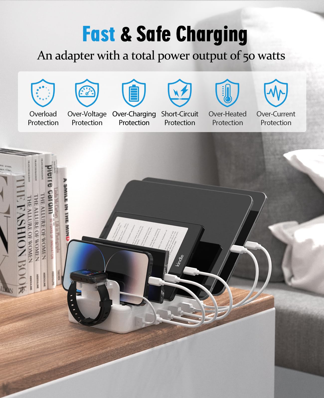 ββββππ¦πΈ Charging Station Multiple Charger Station - 6-Port USB Fast Charging Dock 50W Organizer Station with Watch Charger for iPhone|Android Cell Phone|iPad|Kindle|Watch|Tablet