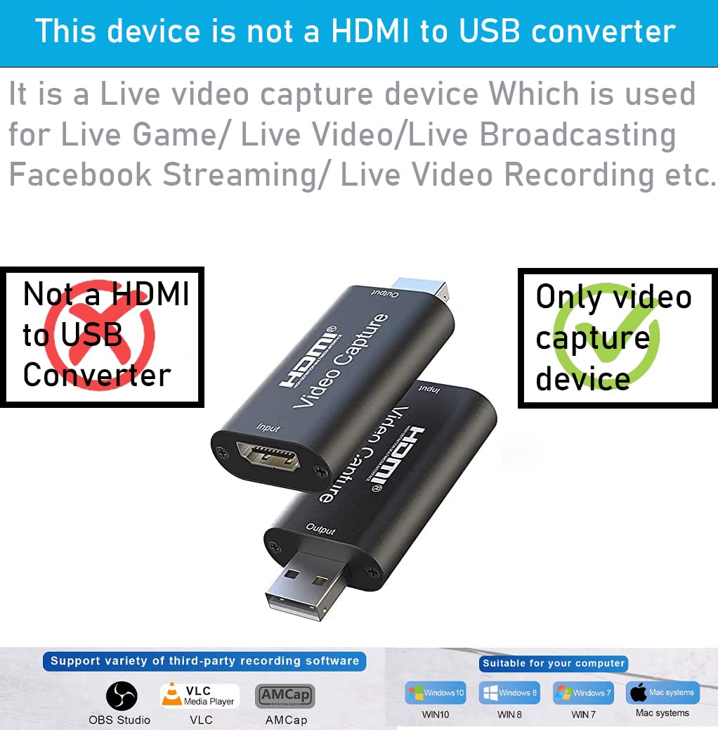 HDMI Video Capture Card, Upgraded 1080p 60fps Capture Card, Cam Link Card Audio Capture Adapter HDMI to USB 2.0 for Gaming, Live Broadcasting, Nintendo Switch, PS3/4, Xbox