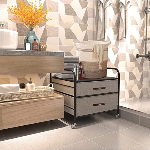 EazeHome Mini Fridge Stand, Fridge Stand with Storage, 2 Drawer Fridge Cart, Organizer Unit for Mini Fridge, Fridge Stand with Metal Frame and Fabric Drawers, Mini Fridge Table with 4 Swivel Wheels