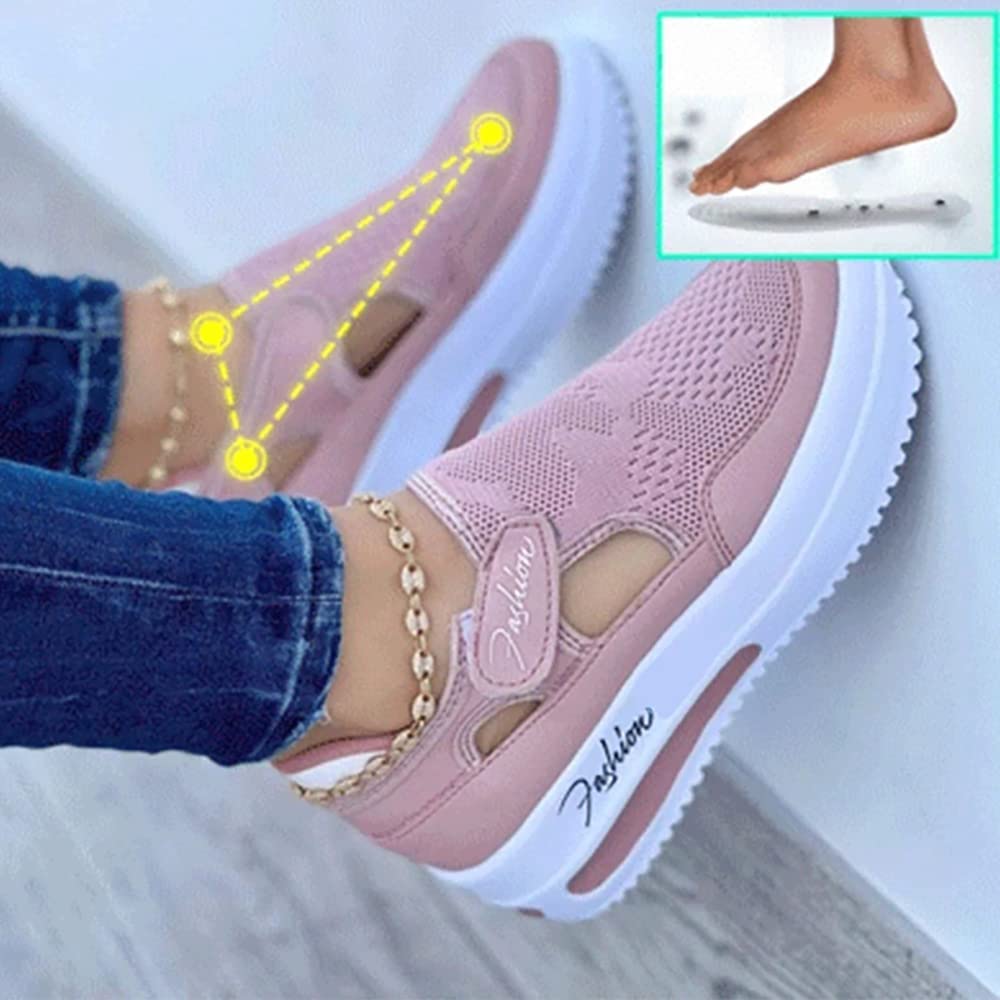 2023Women's Orthopedic Shoes,Casual Breathable Mesh Flat Sneakers,Round Toe Thick Heel Buckle Hook Loop Work Shoes (Black,10,10)