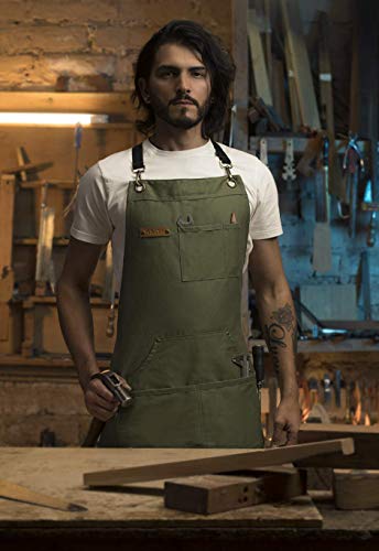 Asaya Chef, BBQ and Work Apron with Bottle Opener and Hand Towel - Durable 10oz Cotton Canvas, Brass Hardware and Cross Back Straps - For Men, Women, Grilling, and Cooking (Green)