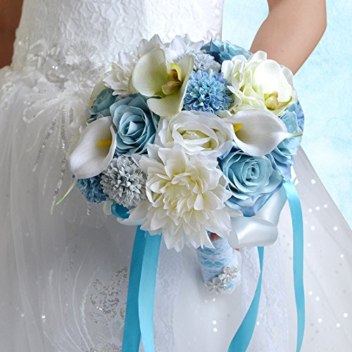 Abbie Home Real Touch Calla Lily Dahlia Bridal Bouquets Crystal Light Blue Ribbon Beach Wedding Rose Flowers Décor (B Round Bouquet)