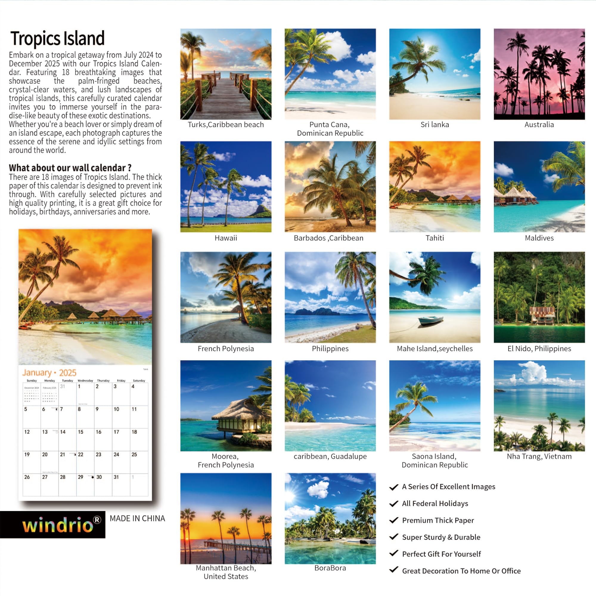 2024 2025 Wall Calendar, July 2024 - December 2025, Wall Calendar Beaches Island, 12" x 24" Opened,Full Page Months Thick & Sturdy Paper for Gift Perfect Calendar Organizing & Planning