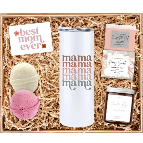 New Mom Gift Set - Mama Mama Tumbler - Best Mommy Spa Bath Set - Best Gift Idea First Time Mama and Expecting Mother to Be - Baby Shower Basket w/Bath Bomb, Soap, & Candle