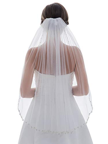 1T 1 Tier Pearls Silver Beaded Wedding Veil - Light Ivory Fingertip Length 36" V413