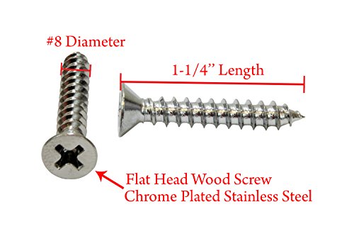 Bolt Dropper 8 x 1-1/4"'' Chrome Coated Stainless Flat Head Phillips Wood Screw, (25 Pack), 18-8 (304) Corrosion Resistant
