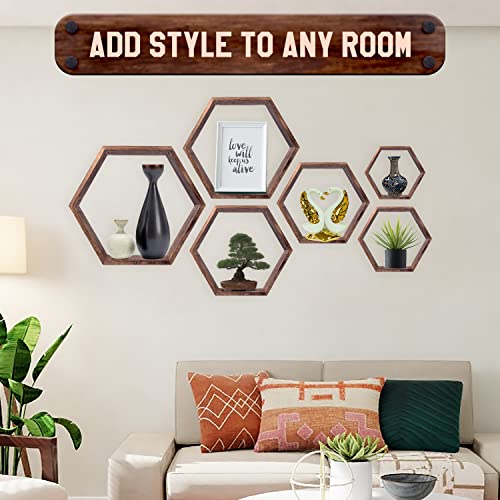 6 Piece - Hexagon Shelves Set | Honeycomb Floating Wooden Shelves | Great Hanging Shelf Option for Home or Office Wall Decor - Dark Brown