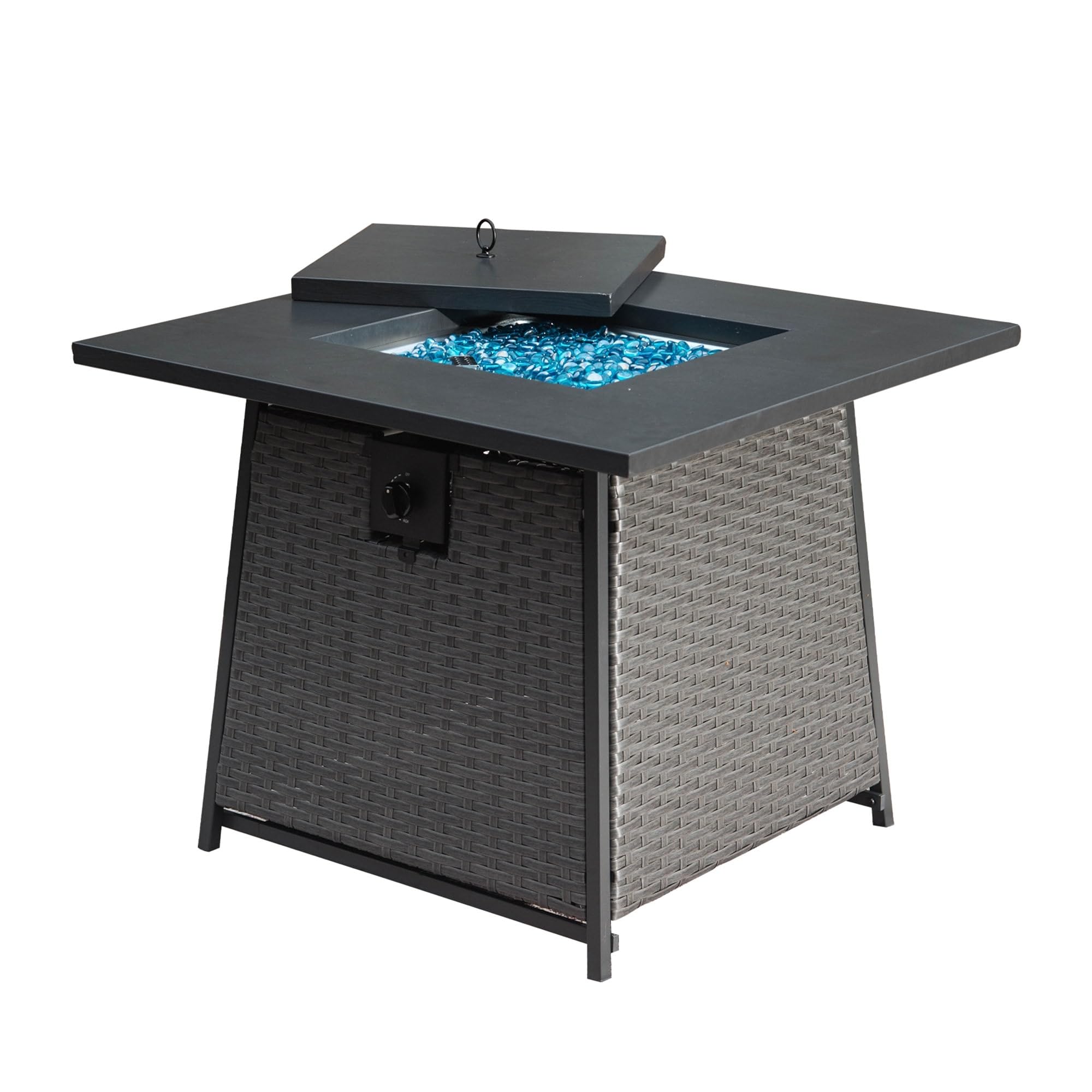 28 Inch Propane Fire Pits Table with Blue Glass Btu Outdoor Wicker 2-in-1 Square Steel Gas Firepits Grey Metal