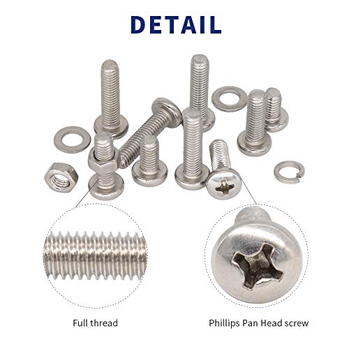 HEMEI 480Pcs M3 Phillips Pan Head Bolt Screws,Phillips Drive,Full Thread 304 Stainless Steel Precise Metric Machine Screws Assortment Kit with Nuts Flat Washers Lock Washers and Storage Case