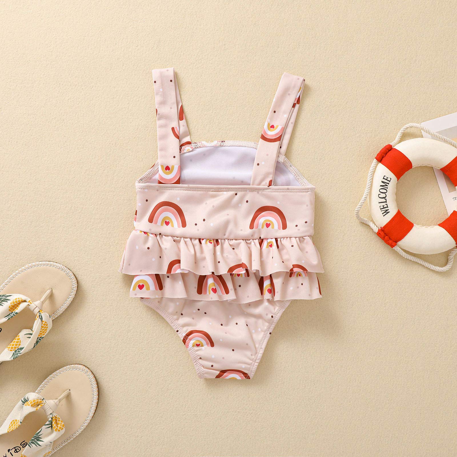 Newborn Baby Girls Rainbow Swimsuit Sleeveless Ruffle Swimwear One Piece Bikini Bathing Suit 0-3Y (Beige, 0-6M)