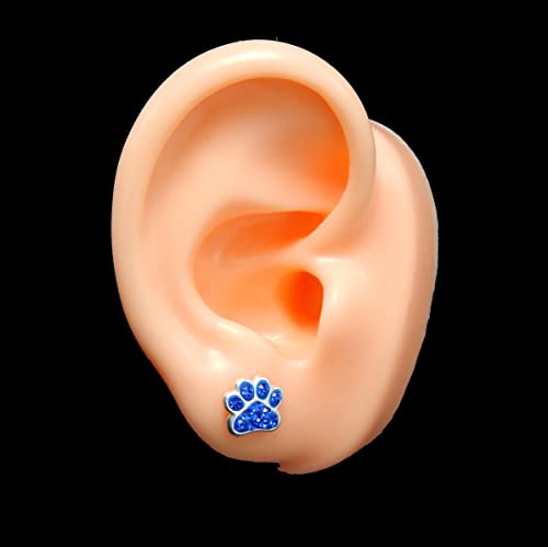 925 Sterling Silver Sapphire Blue Crystal Paw Print Stud Earrings 18872 (Nickel Free)