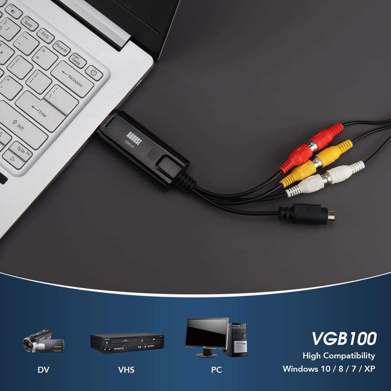 August VGB100 - External USB Video Capture Card - S Video/Composite to USB Transfer Cable - Grabber Lead for Windows 10/8 / 7 / Vista/XP